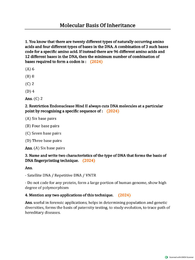 Class 12th Chapter 6 Molecular Basis of Inheritance Previous Year ...