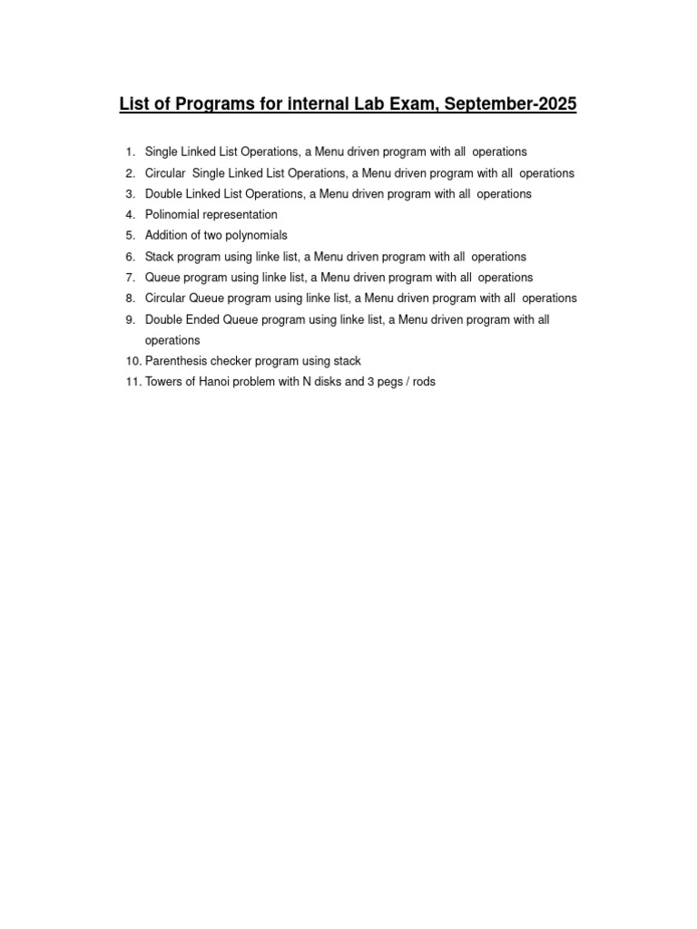 List of Programs For Internal Lab Exam-I - September-2025 | PDF