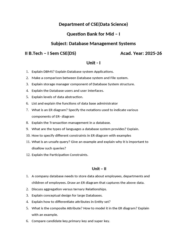 DBMS Question Bank Mid-I | PDF | Databases | Relational Model