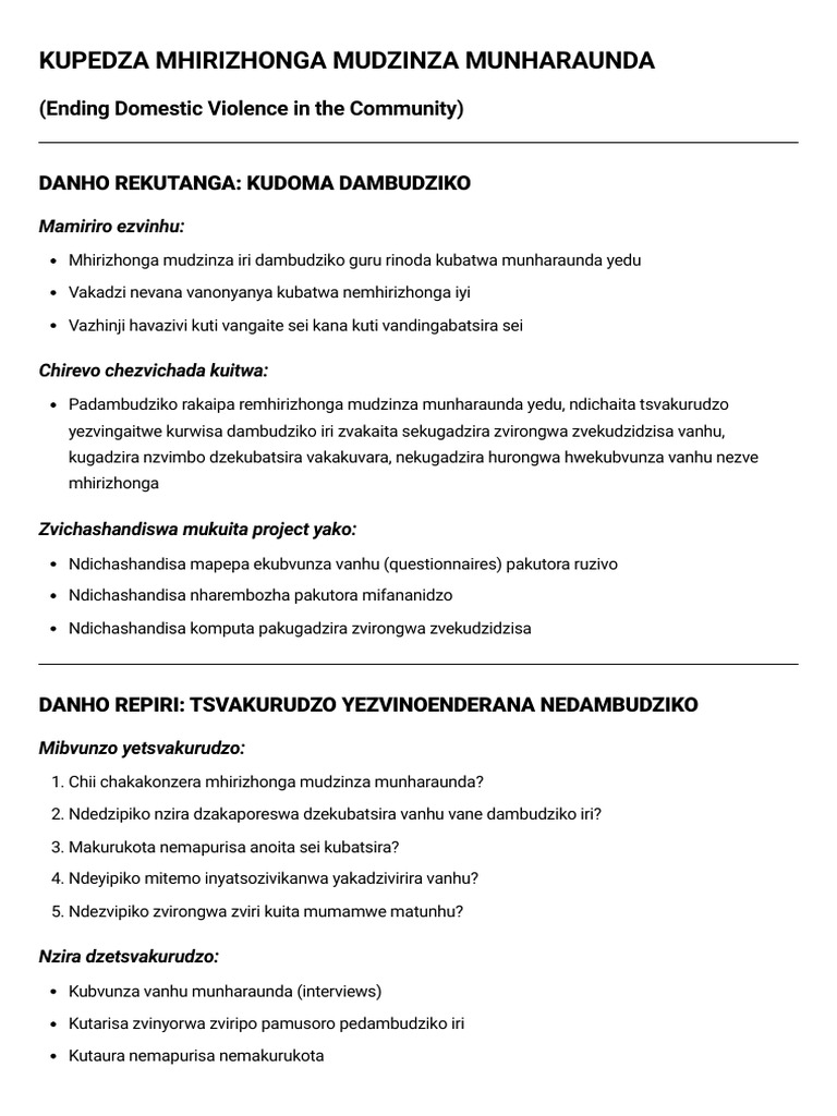 Kupedza Mhirizhonga Mudzinza Munharaunda - School Project | PDF