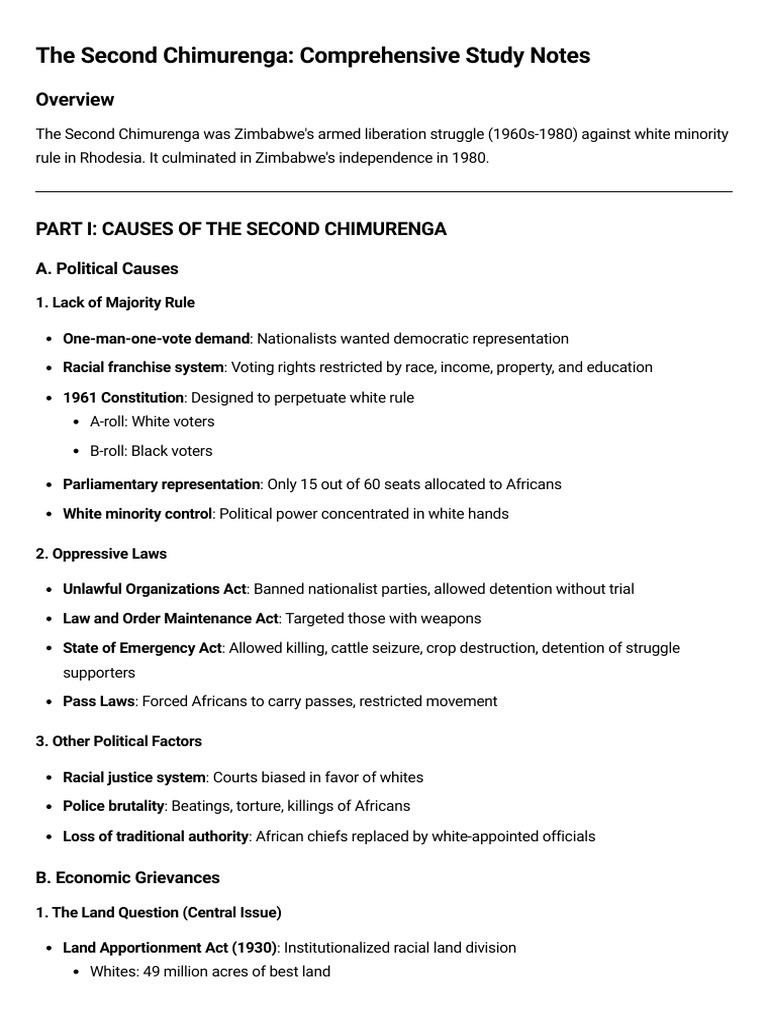 The Second Chimurenga - Comprehensive Study Notes | PDF | Rhodesia ...