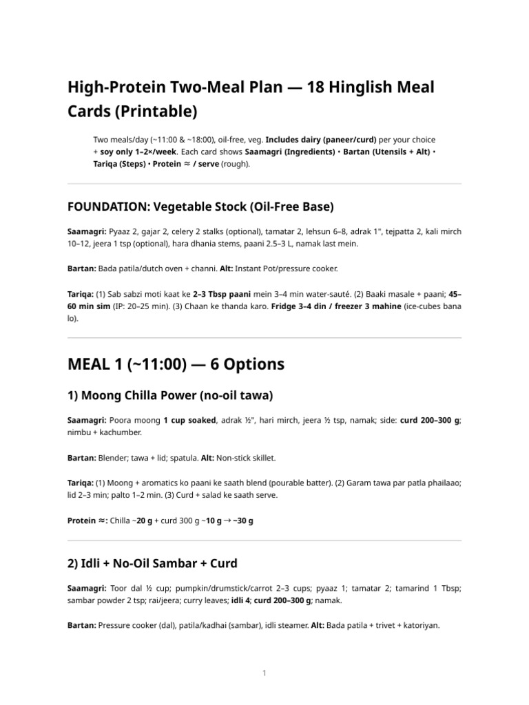 High Protein Two Meal Plan - 18 Hinglish Meal Cards (Printable) | PDF ...