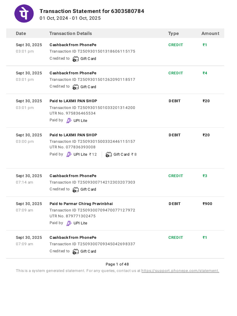 PhonePe Statement Oct2024 Oct2025 | PDF | Credit Card | Debit Card