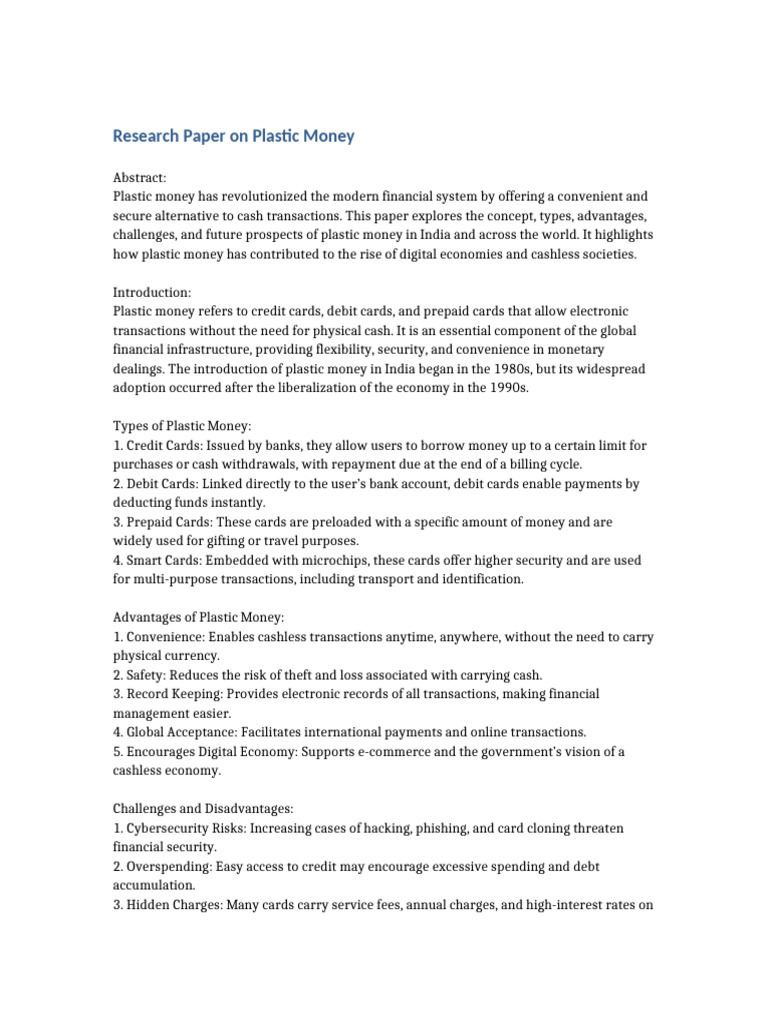 Research Paper On Plastic Money | PDF | Debit Card | Money