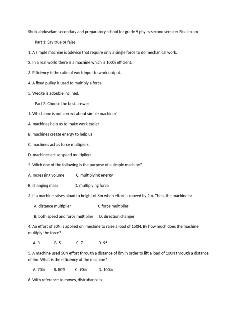 Sheik Abduselam Grade 9 Physics Exam | PDF | Machines | Waves