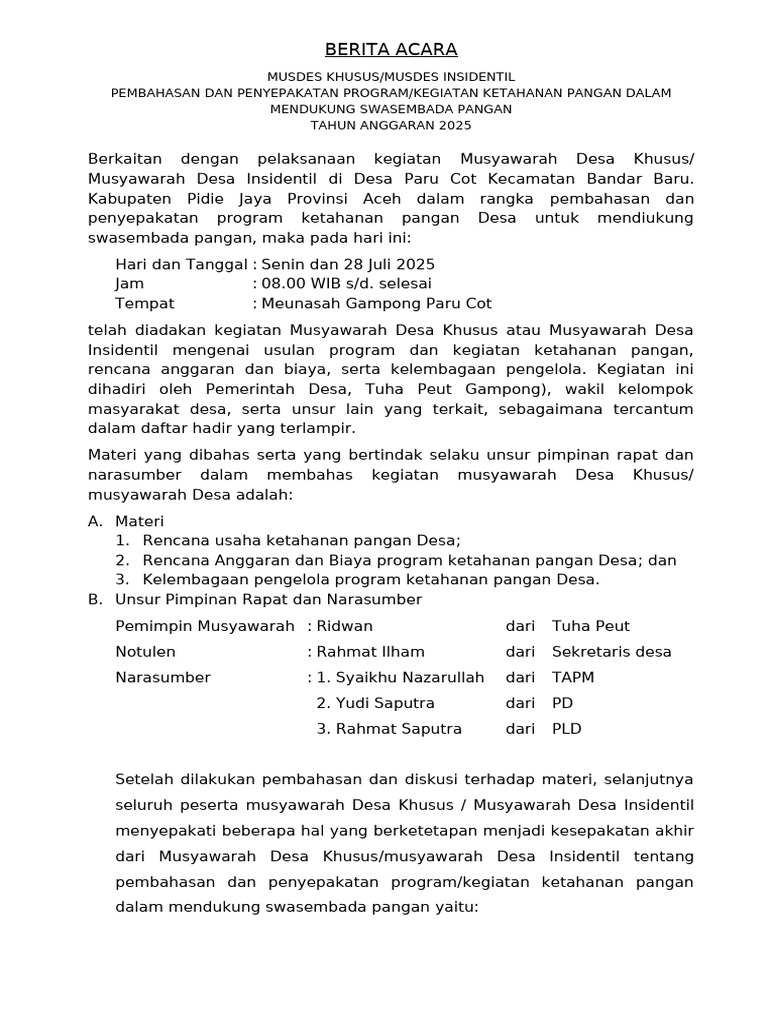 BA. Musdes Ketahanan Pangan Desa | PDF