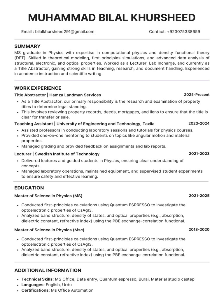 Bilal Khursheed CV | PDF | Electronic Band Structure | Physics