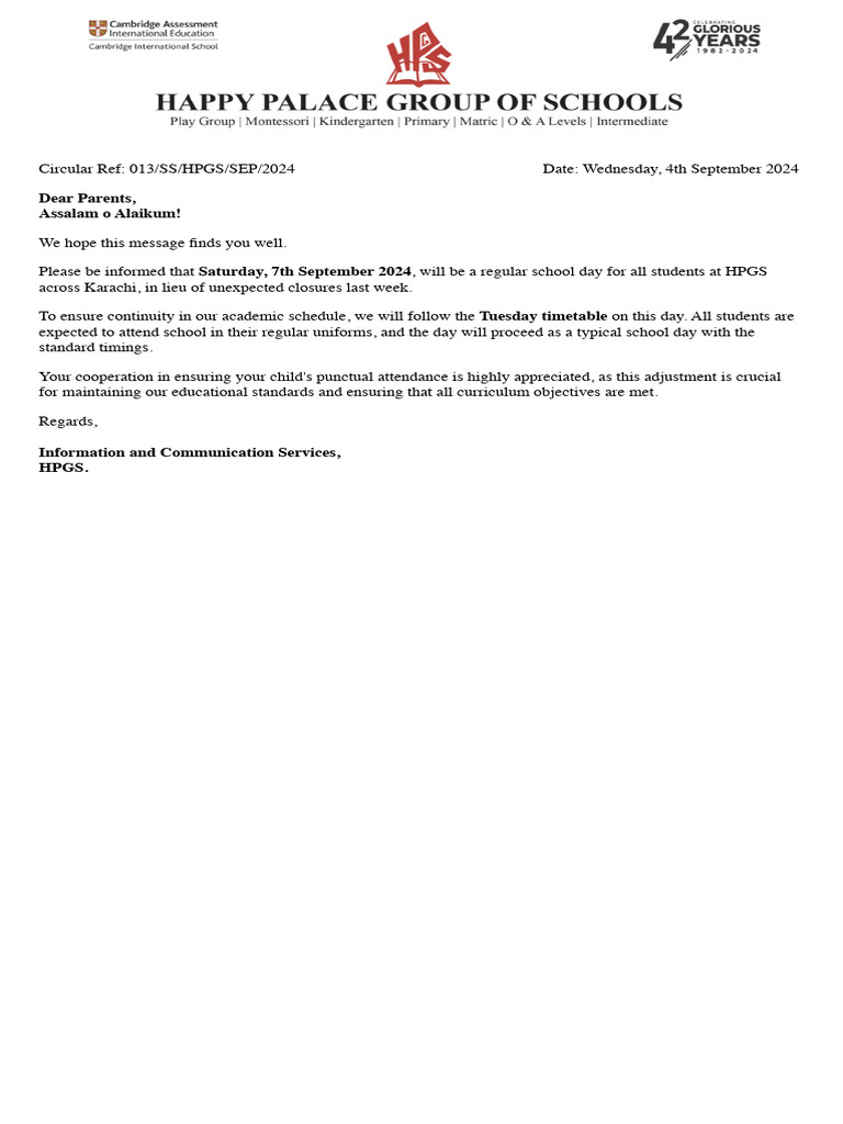 (HPGS) Regular School On Saturday, 7th September, 2024 | PDF