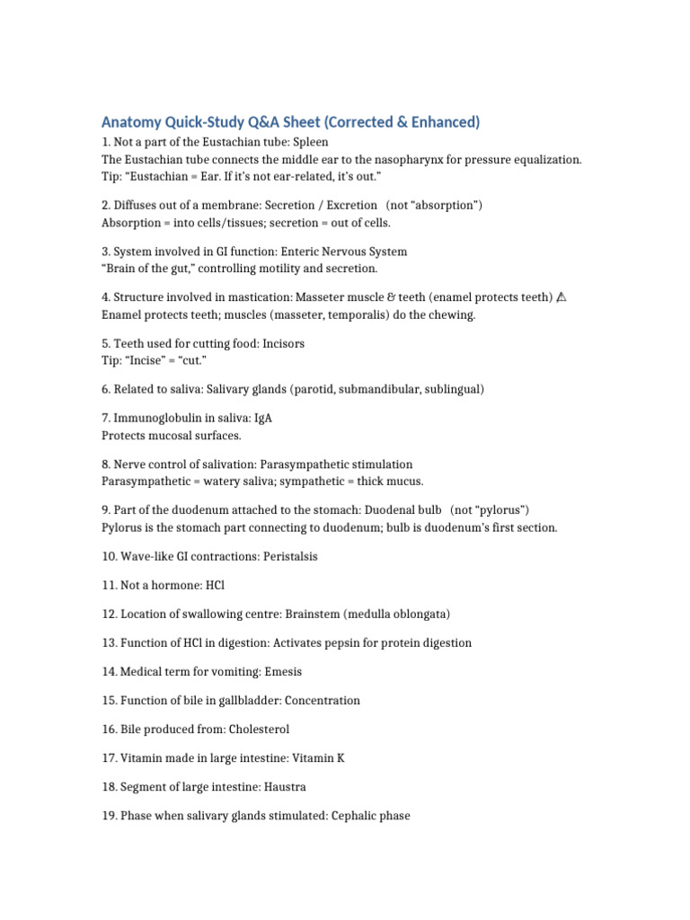 Anatomy Quick Study Sheet | PDF | Digestion | Gastrointestinal Tract
