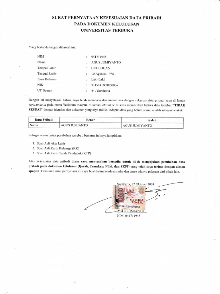 Surat Pernyataan Kesesuaian Data Pribadi Agus J | PDF