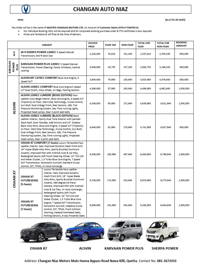 Changan Auto Niaz Pricing & Booking Details | PDF | Automotive ...