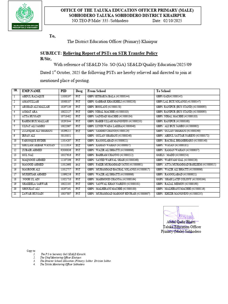 STR Transfer List for PSTs 2025 | PDF