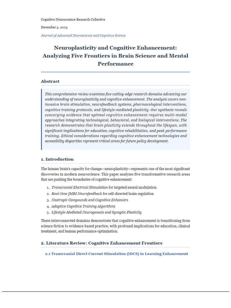 Neuroplasticity and Cognitive Enhancement: Analyzing Five Frontiers in Brain Science and Mental ...