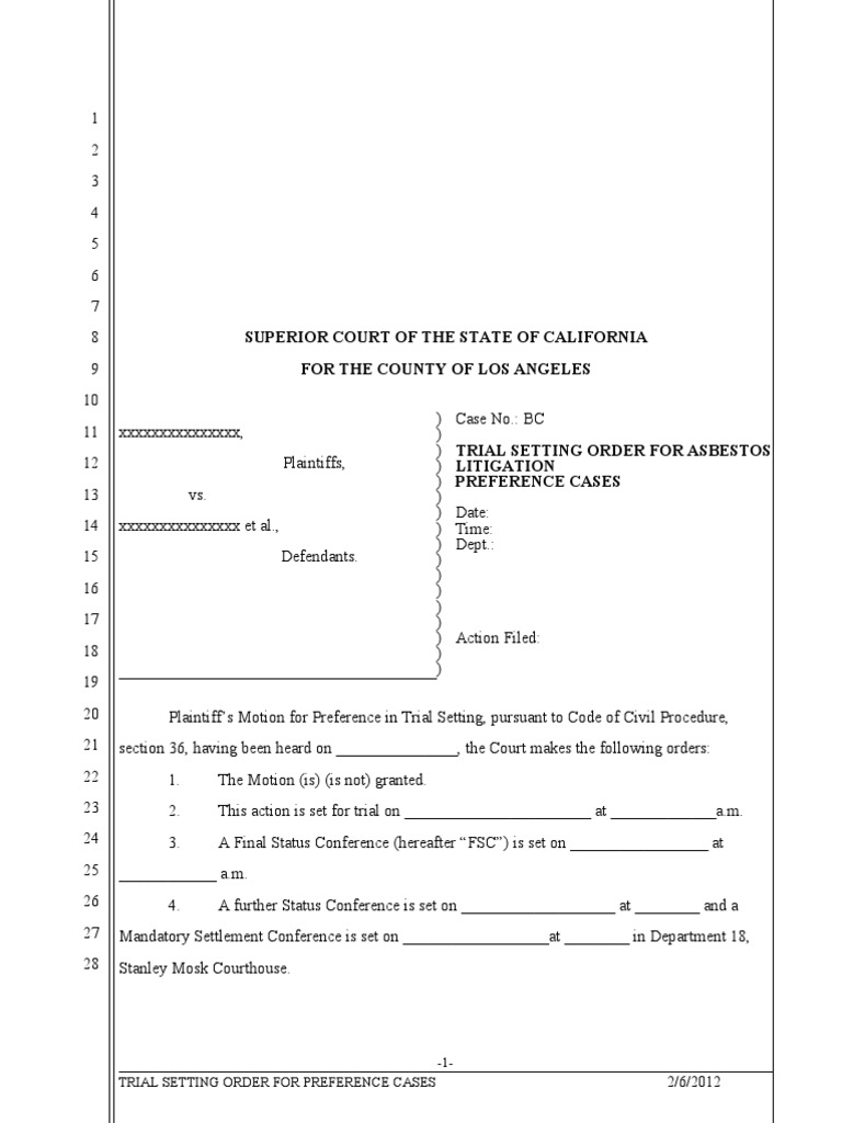 Los Angeles Trial Setting Order For Asbestos Litigation Preference ...