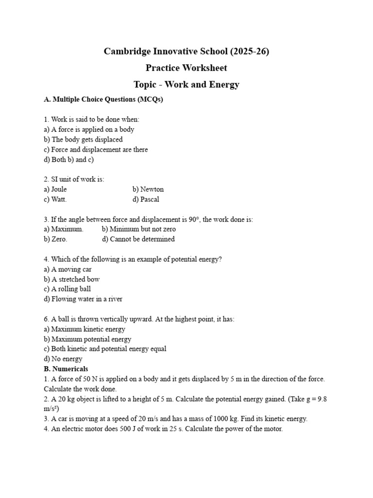 Work and Energy Practice Worksheet | PDF