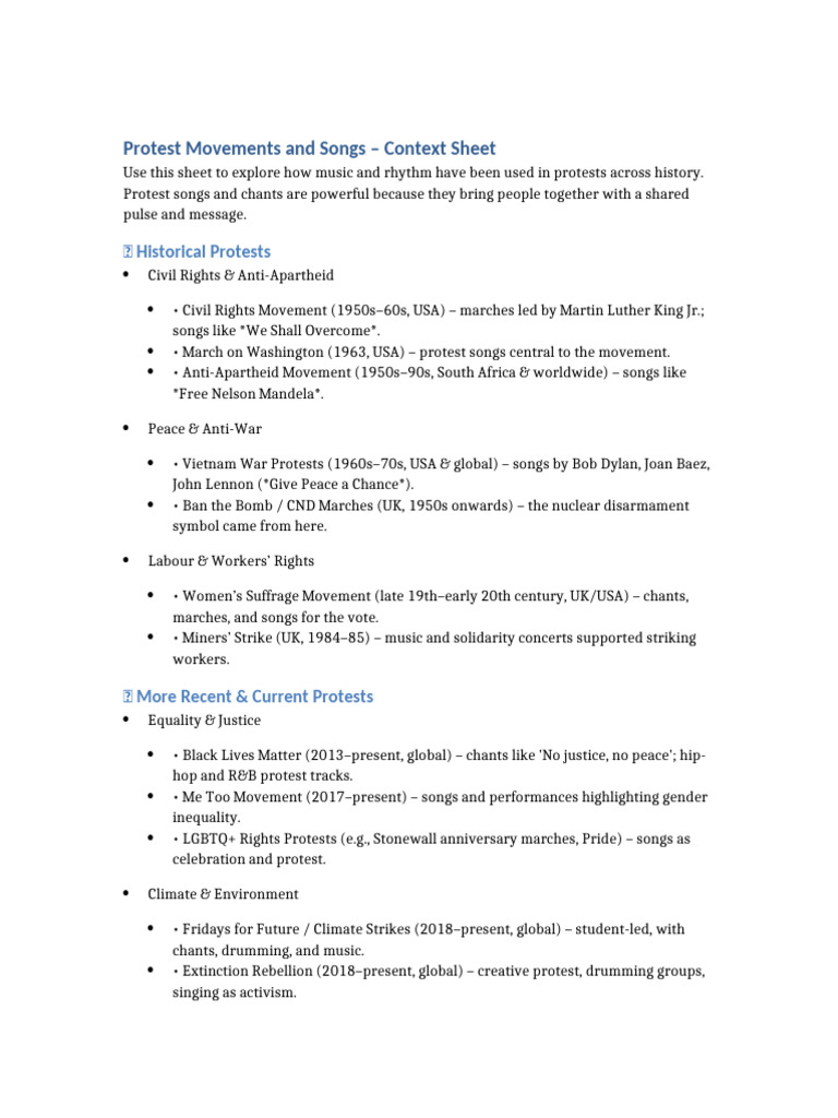 Protest Movements and Songs Context Sheet | PDF | Social Movements ...