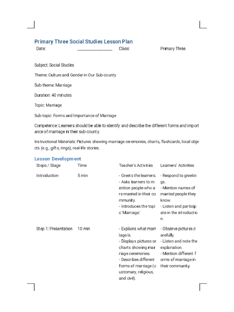 Primary Three SST Lesson Plan Marriage | PDF