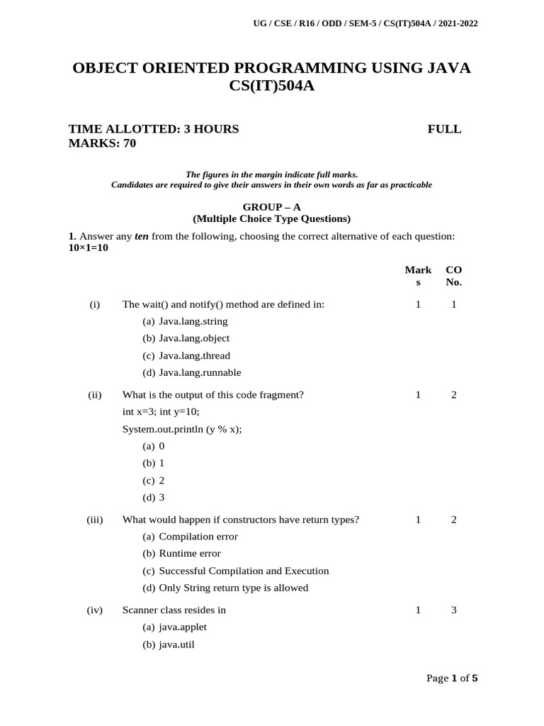 Cse - CS (It) 504a - Object Oriented Programming Using Java - R16 | PDF | Method (Computer ...