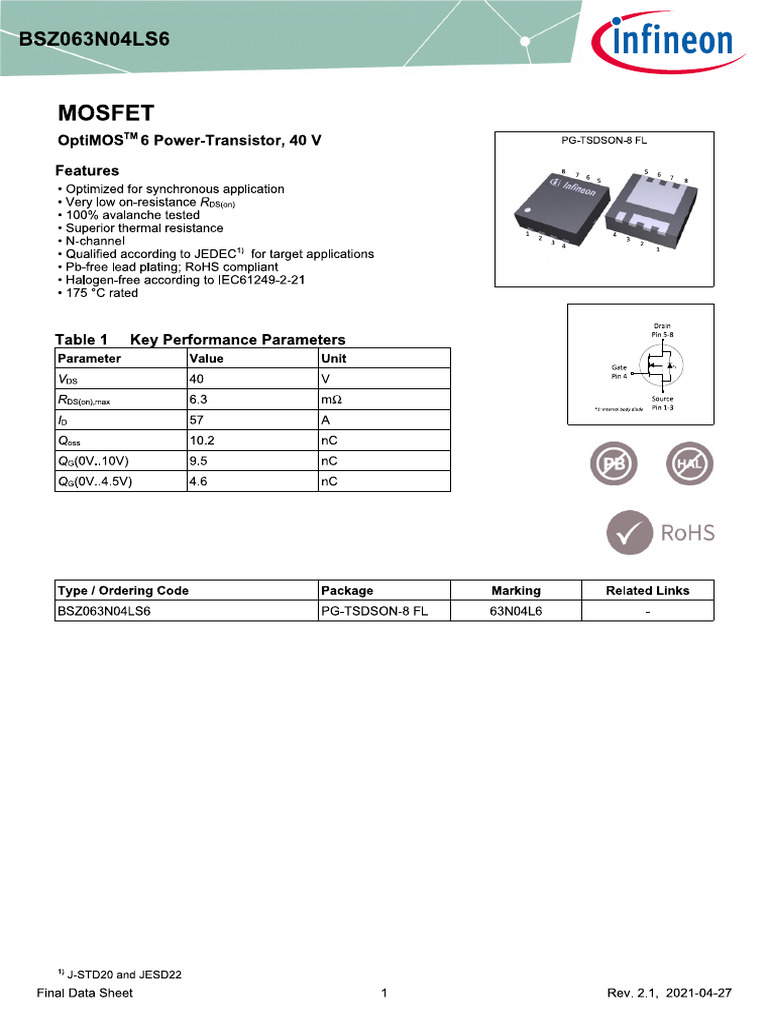 Infineon BSZ063N04LS6 DataSheet v02 - 01 EN | PDF