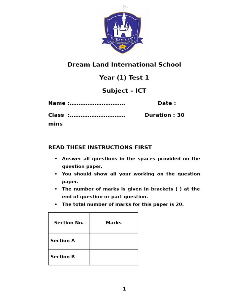 Year 1 ICT Test Paper - Dream Land School | PDF