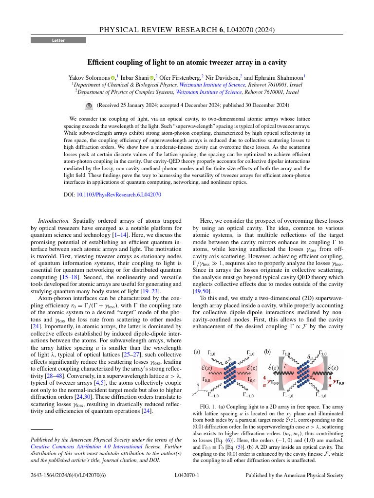 Efficient Coupling of Light To An Atomic Tweezer Array in A Cavity ...
