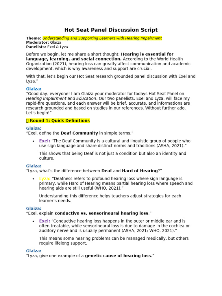 EDUC.5 Hot Seat Panel Discussion Script | PDF | Hearing Loss | Deafness