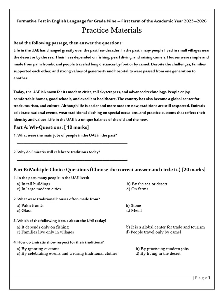 Formative Test in English Language For Grade Nine - First Term of | PDF ...
