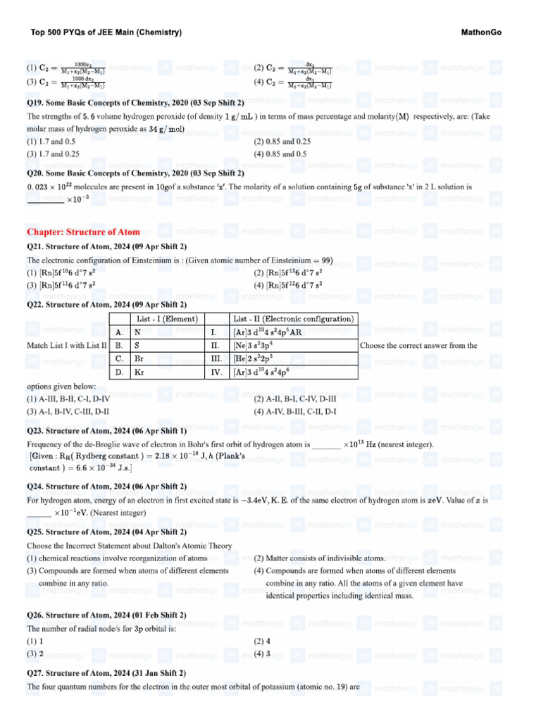 Atomic Structure Pyq 2024 | PDF