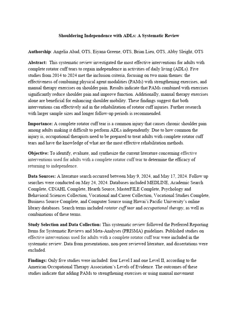 Shouldering Independence With Adls (1) | PDF | Systematic Review | Shoulder