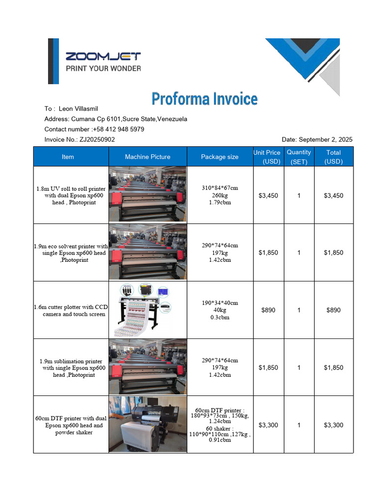 Proforma Invoice of Leon Villasmil from Lucky of Zoomjet printer,2025.09.02 | PDF