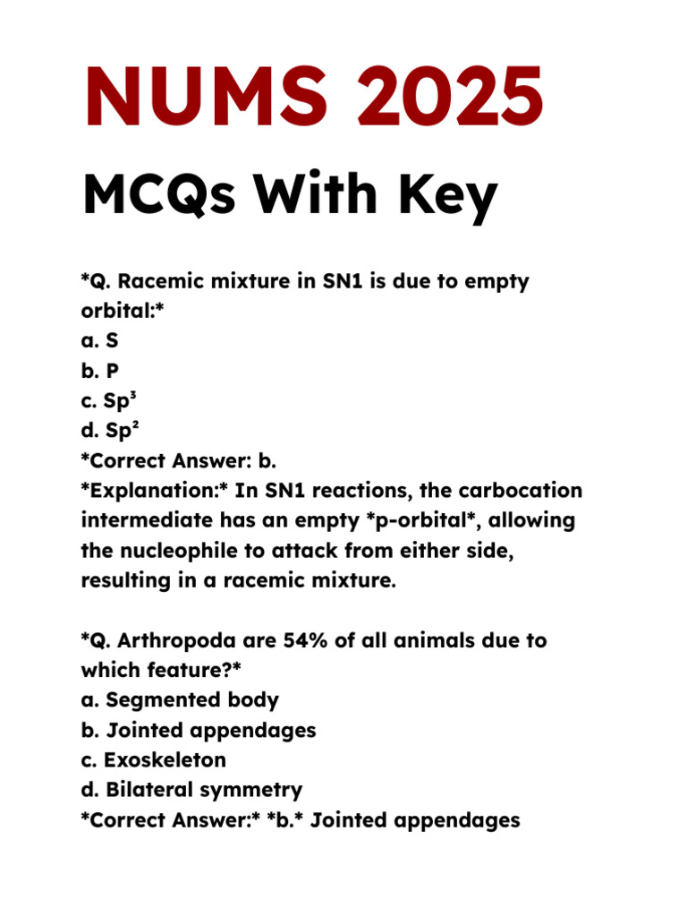 Nums 2025 Mcqs With Key | PDF | Radioactive Decay | Calcium