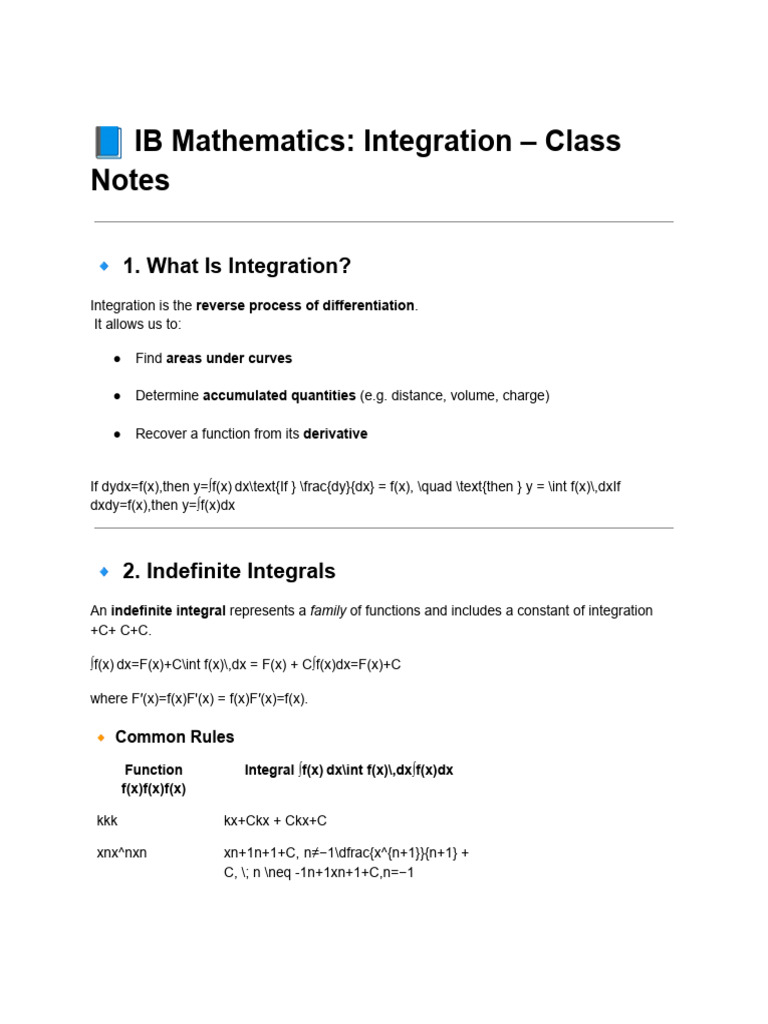IB Math Integration Class Notes | PDF | Integral | Mathematical Concepts