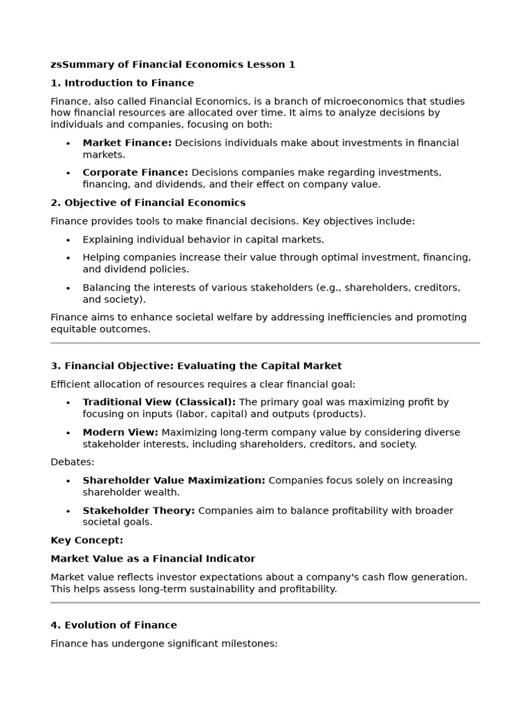 Summary of Financial Economics Lesson 1 | PDF | Financial Risk ...