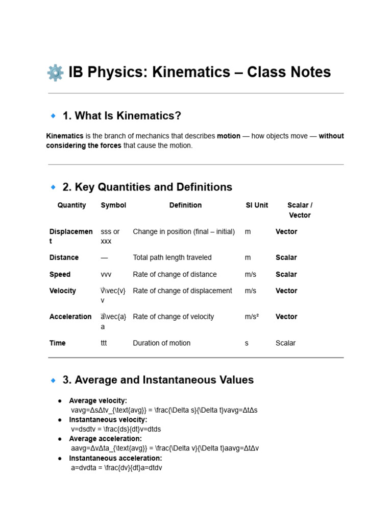 IB Physics - Kinematics - Class Notes | PDF | Acceleration | Velocity