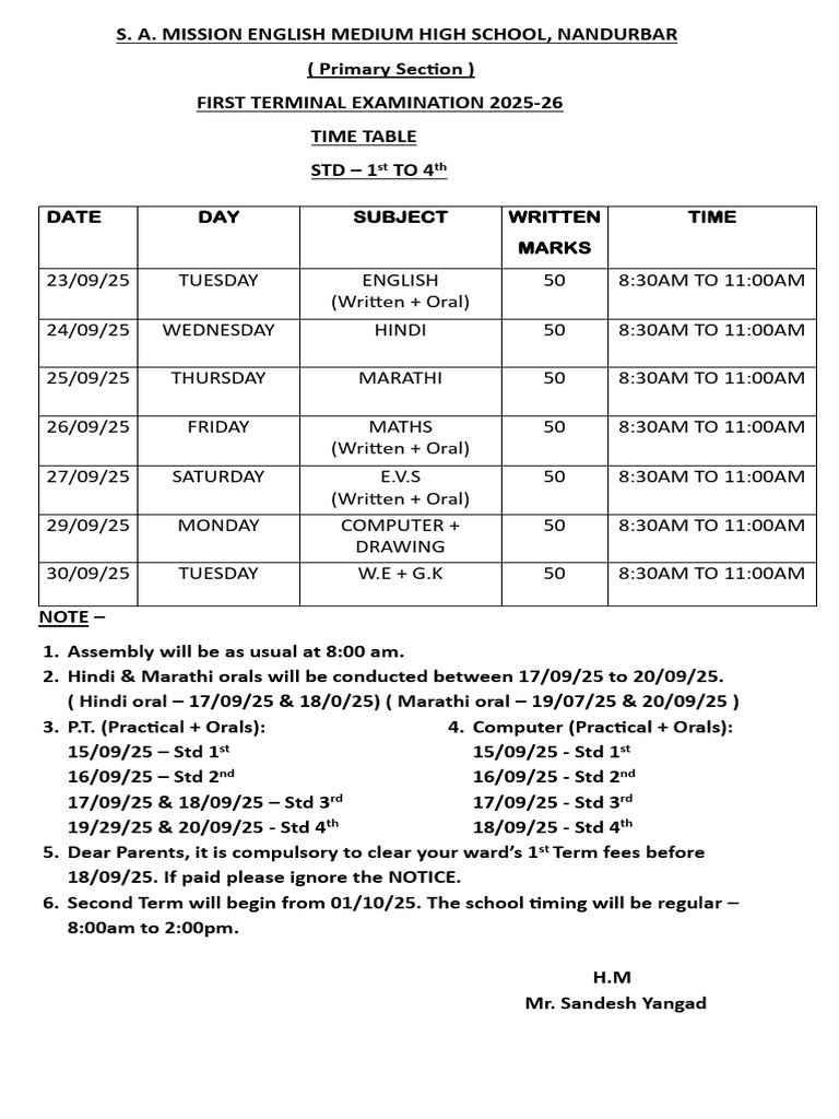 1 Term Examination Timtable 2025-26 PDF | PDF