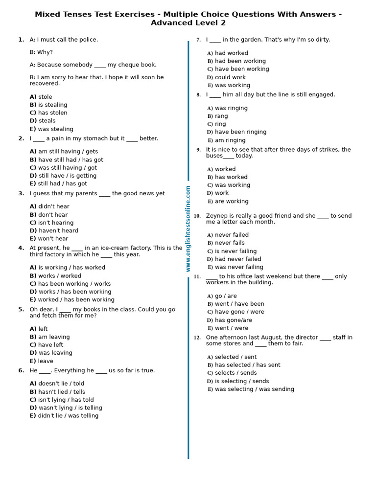 501 Mixed Tenses Test Exercises Multiple Choice Questions With Answers ...
