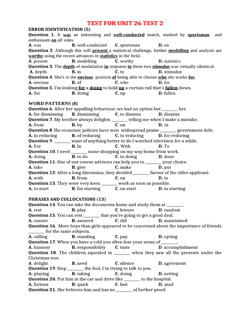 Unit 26 Test 2: Error Identification & Vocabulary | PDF