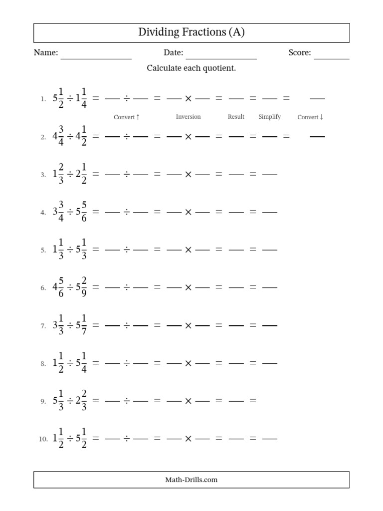 Fractions Worksheet - Dividing Two Mixed Fractions With All ...