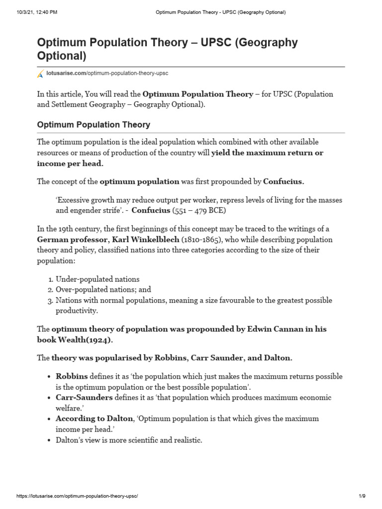 10 Optimum Population Theory - UPSC (Geography Optional) | PDF | Labour ...