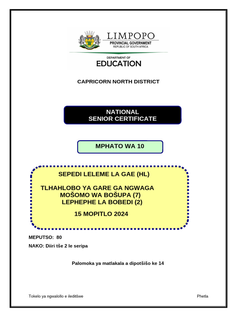 Sepedi HL p2 2024 Grade 10 Mid-Year Task No 7 15052024 | PDF