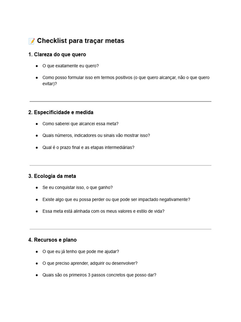? Checklist para Traçar Metas - Do Sonho para Ação | PDF | Educação ...