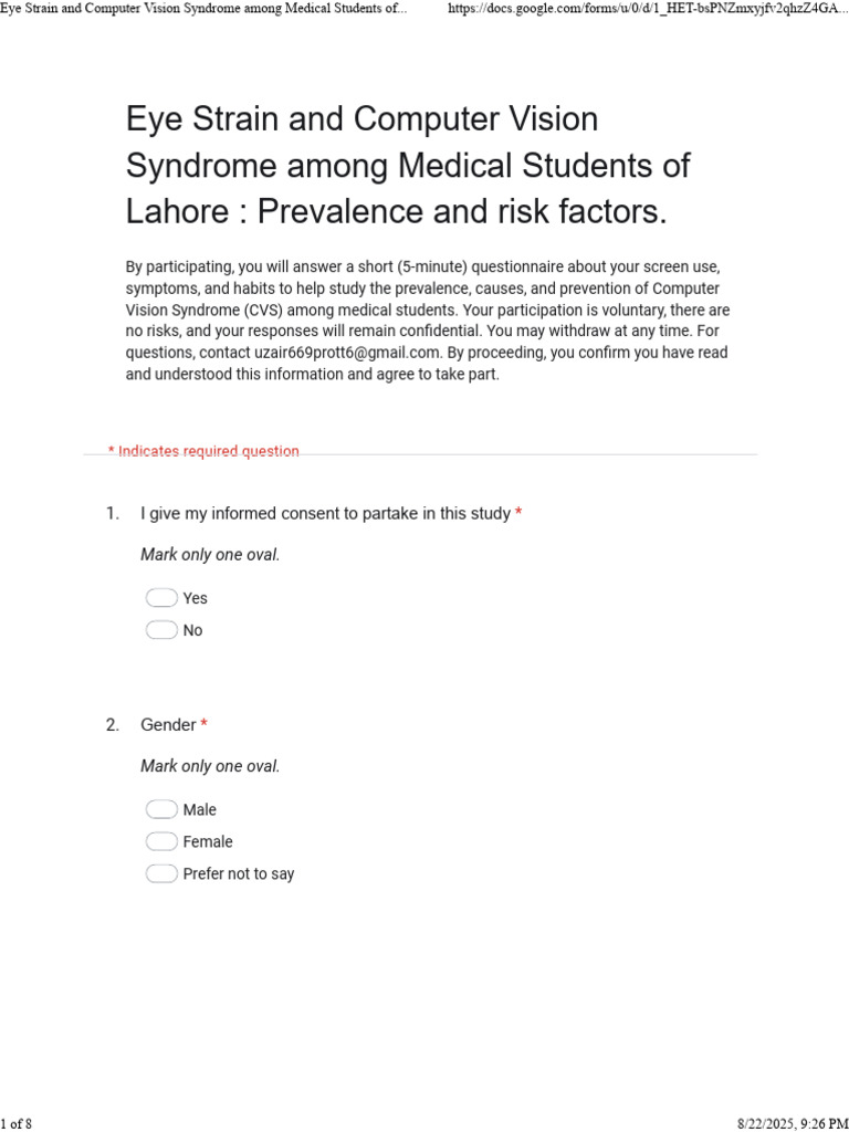 Eye Strain and Cvs Questionnaire | PDF | Diseases And Disorders ...