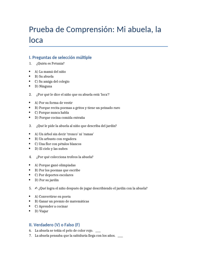 Prueba Mi Abuela La Loca Adaptada | PDF