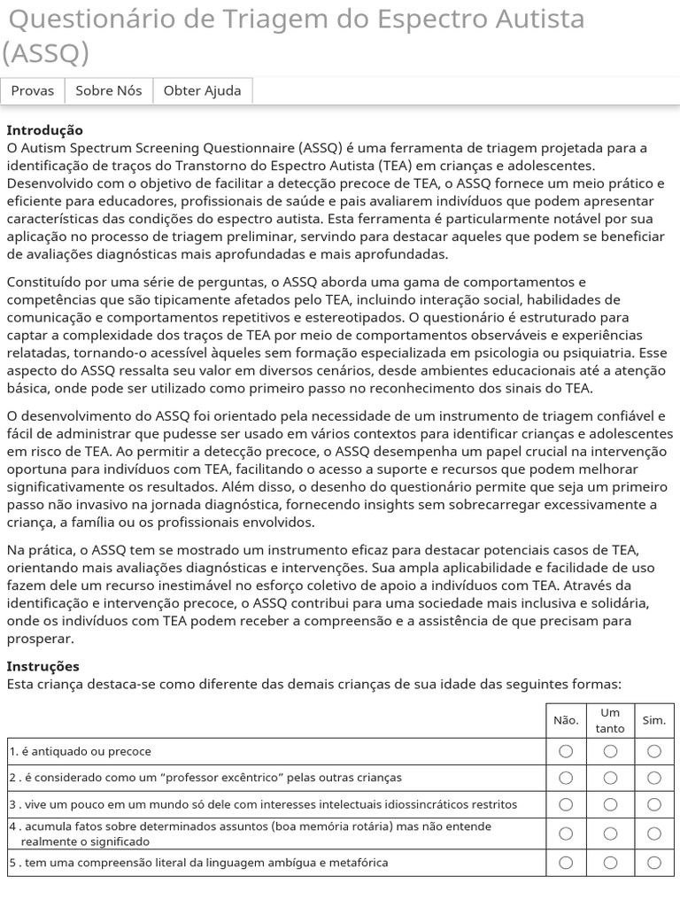 Questionário de Triagem do TEA (ASSQ) | PDF | Autismo | Conceitos ...