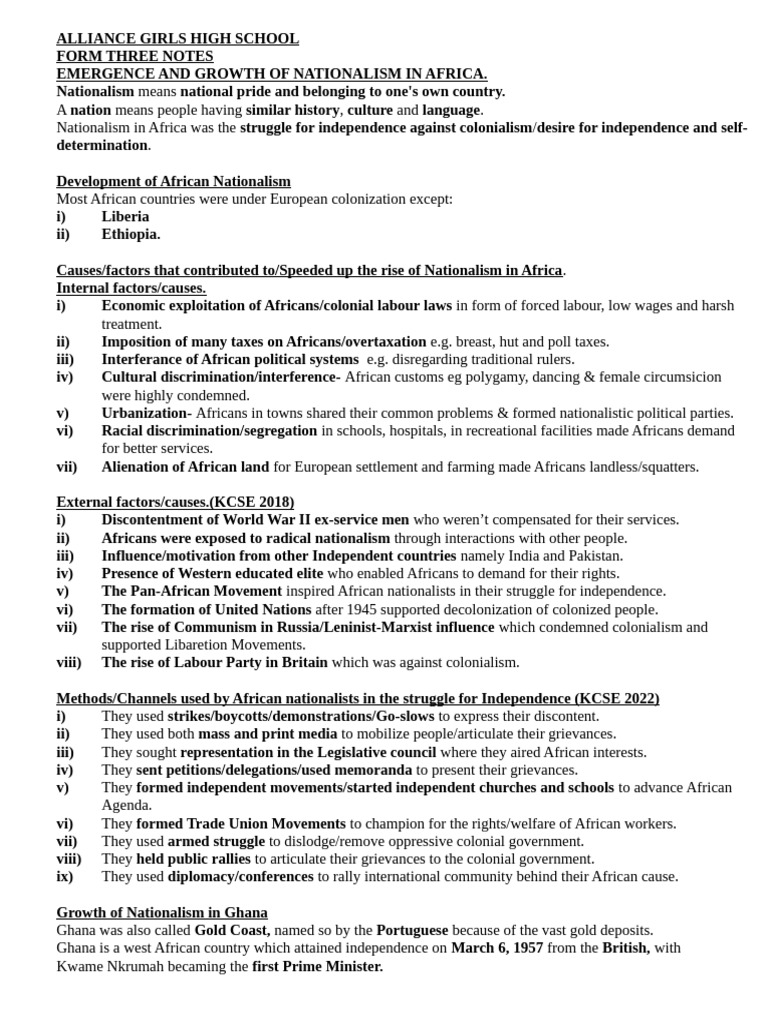 Rise of African Nationalism: Form 3 Notes | PDF | African National ...