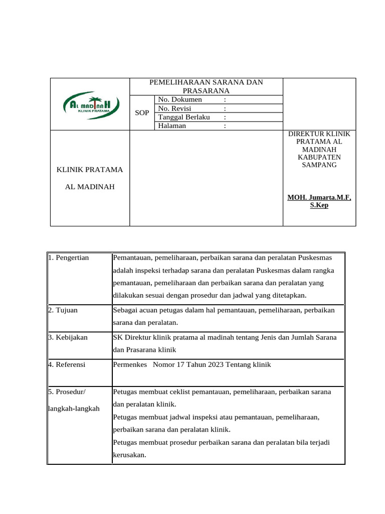 Direktur Klinik Pratama Al Madinah Kabupaten Sampang: MOH. Jumarta.M.F, S.Kep | PDF