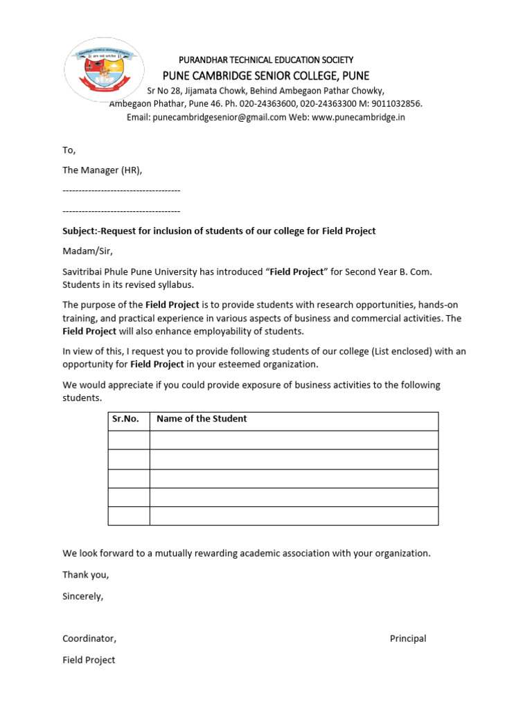 Request for Student Field Project Opportunities | PDF