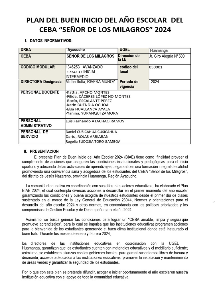 Plan BIAE 2024 CEBA Señor de los Milagros | PDF | Educación primaria ...