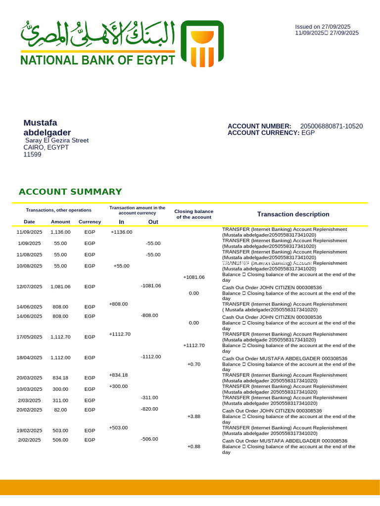 Account Transaction Summary EGP 2025 | PDF | Financial Technology ...