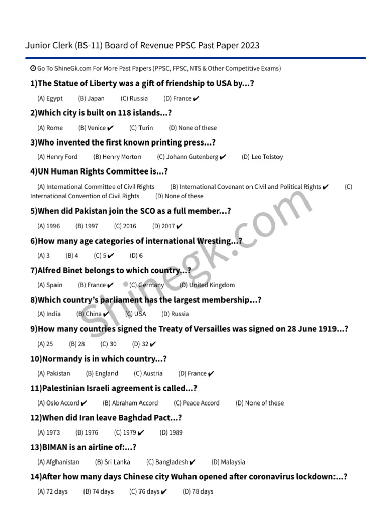 PPSC Junior Clerk Past Paper 2023 | PDF | Pakistan